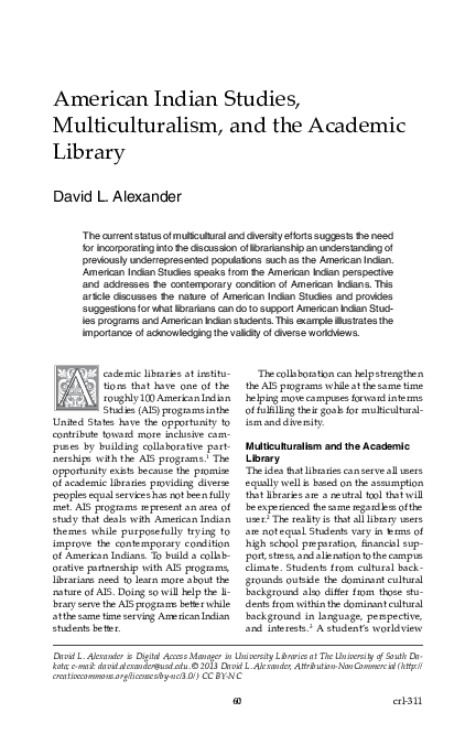 (PDF) American Indian Studies, Multiculturalism, and the Academic Library