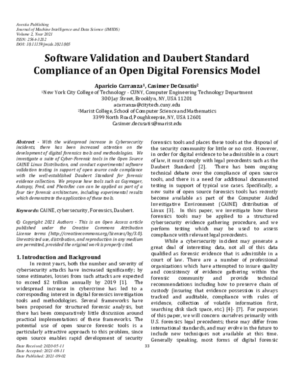 (PDF) Software Validation and Daubert Standard Compliance of an Open Digital Forensics Model