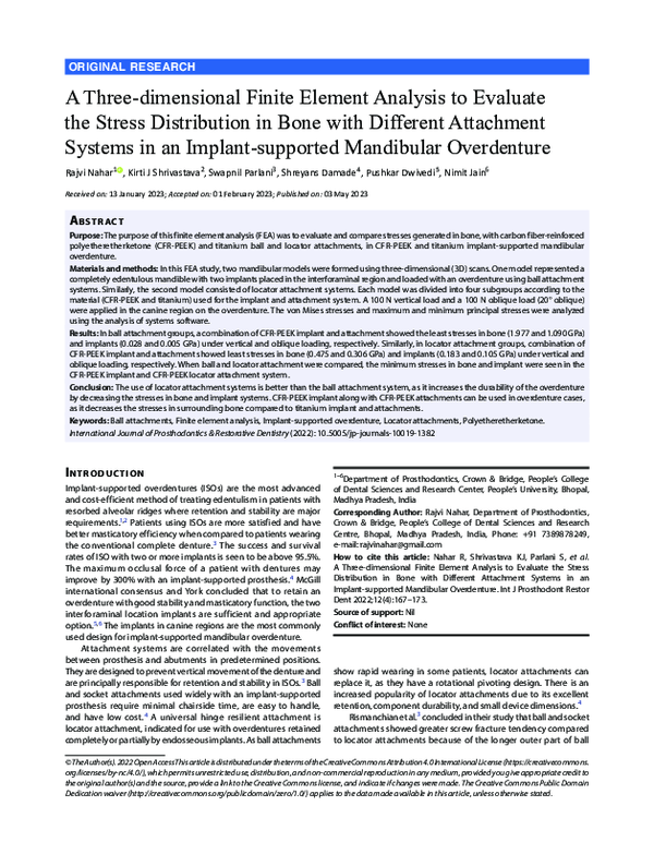 (PDF) A Three-dimensional Finite Element Analysis to Evaluate the Stress Distribution in Bone ...