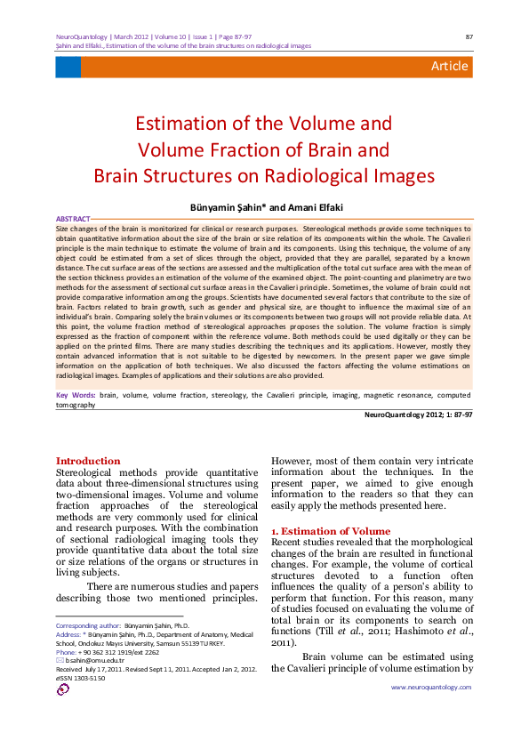 (PDF) Estimation of the Volume and Volume Fraction of Brain and Brain Structures on Radiological ...