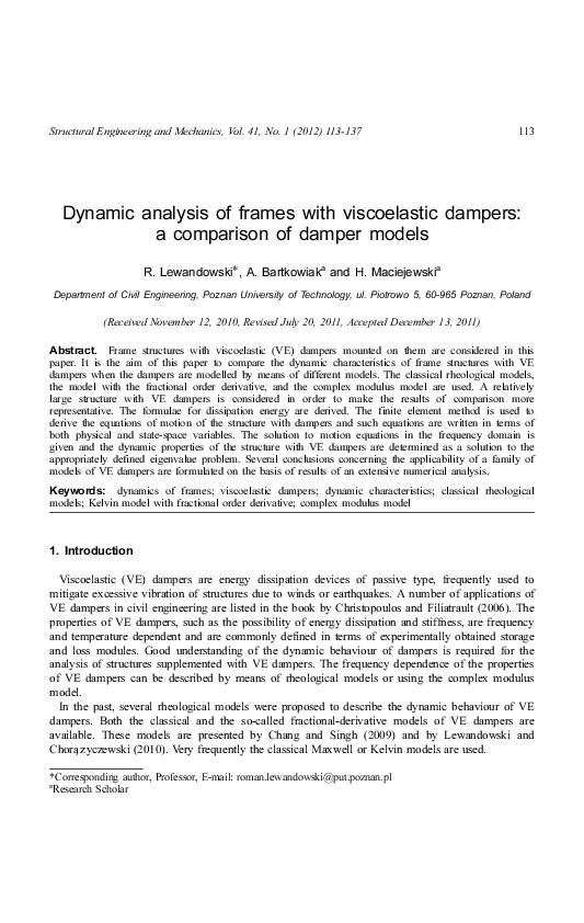 (PDF) Dynamic analysis of frames with viscoelastic dampers: a comparison of damper models