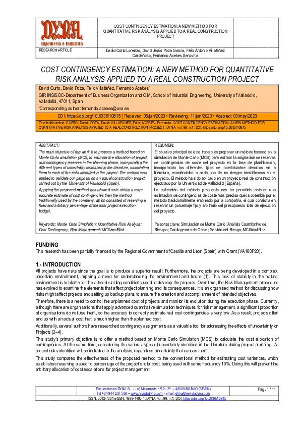 (PDF) Cost Contingency estimation: a new method for quantitative risk analysis applied to a real ...