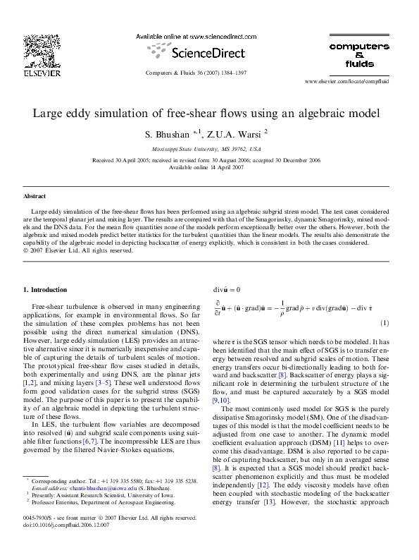 (PDF) Large eddy simulation of free-shear flows using an algebraic model | Shanti Bhushan ...