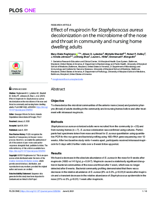 (PDF) Effect of mupirocin for Staphylococcus aureus decolonization on ...