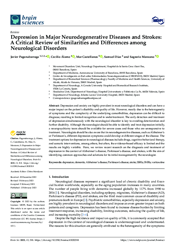 (PDF) Depression in Major Neurodegenerative Diseases and Strokes: A ...