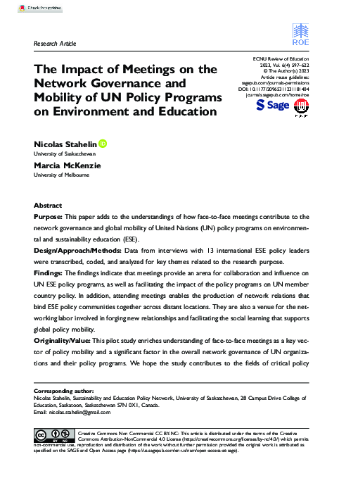 (PDF) The Impact of Meetings on the Network Governance and Mobility of UN Policy Programs on ...