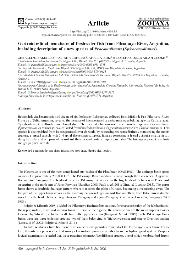 Gastrointestinal nematodes of freshwater fish from Pilcomayo River ...