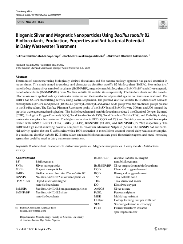 (PDF) Biogenic Silver and Magnetic Nanoparticles Using Bacillus subtilis B2 Bioflocculants ...