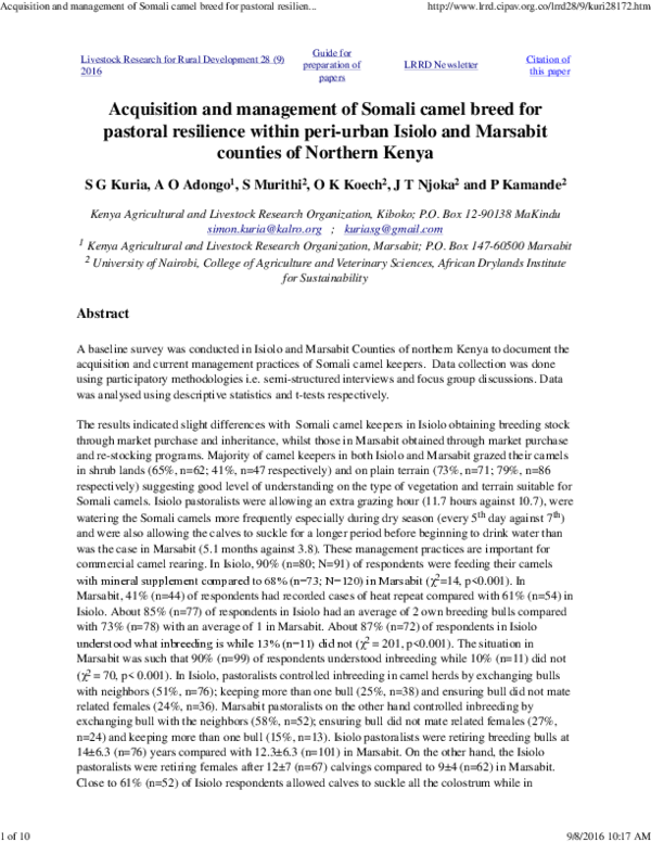 (PDF) Acquisition and management of Somali camel breed for pastoral resilience within peri-urban ...