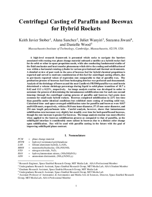 (PDF) Centrifugal Casting of Paraffin and Beeswax for Hybrid Rockets