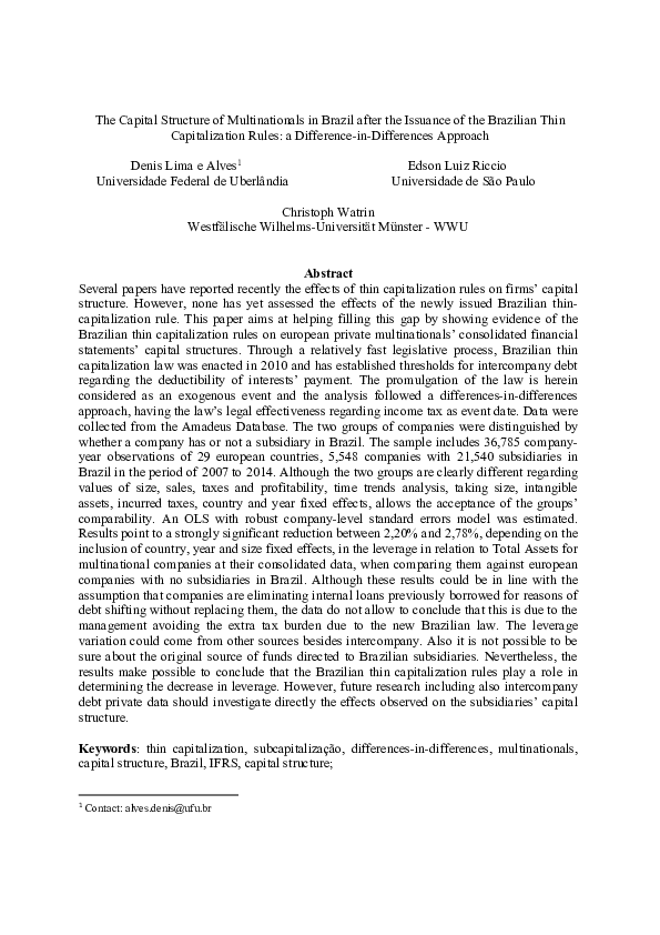 (PDF) The Capital Structure of Multinationals in Brazil after the ...
