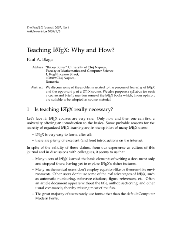 (PDF) Article revision 2008/1/3 Teaching LATEX: Why and How?