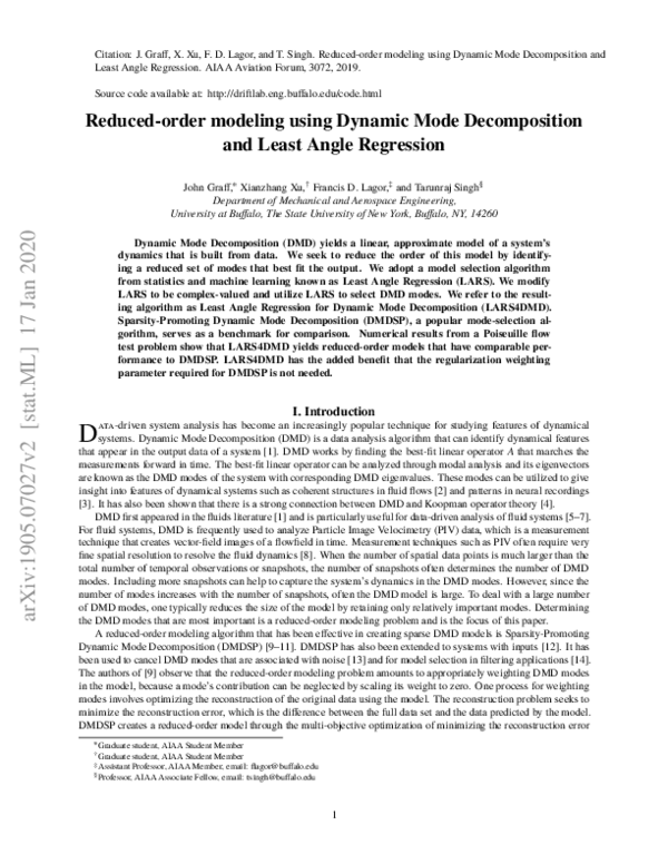 Pdf Reduced Order Modeling Using Dynamic Mode Decomposition And Least Angle Regression
