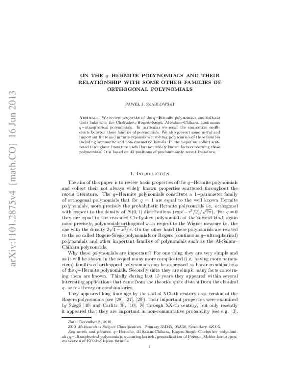 (PDF) On q-Hermite polynomials and their relationship with some other ...