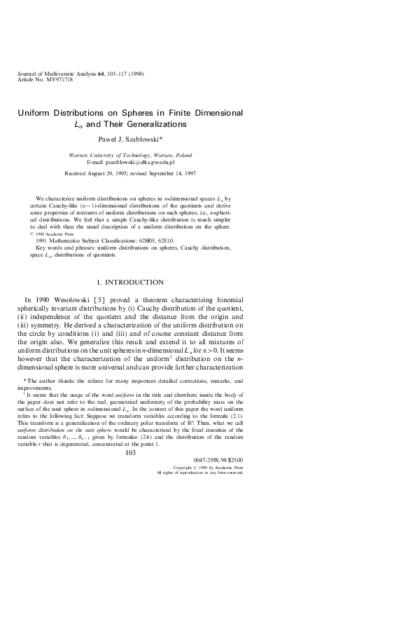 (PDF) Uniform Distributions on Spheres in Finite DimensionalLαand Their ...