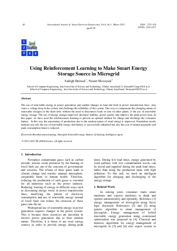 (PDF) Using reinforcement learning to make smart energy storage sources in microgrid