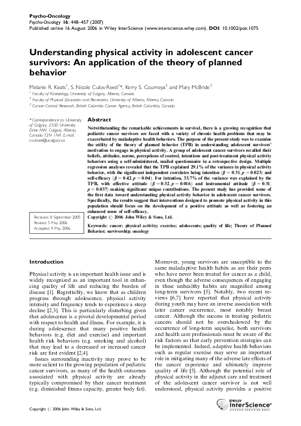 (PDF) Understanding physical activity in adolescent cancer survivors: an application of the ...