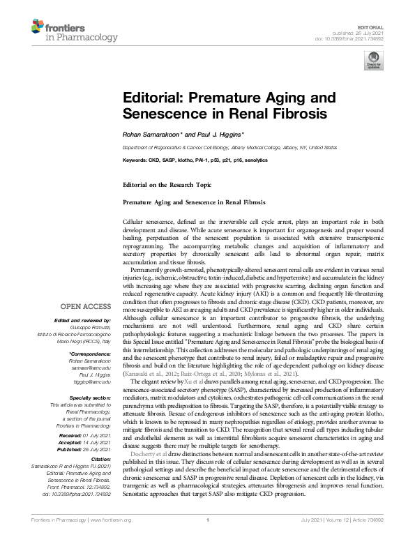 (PDF) Editorial: Premature Aging and Senescence in Renal Fibrosis