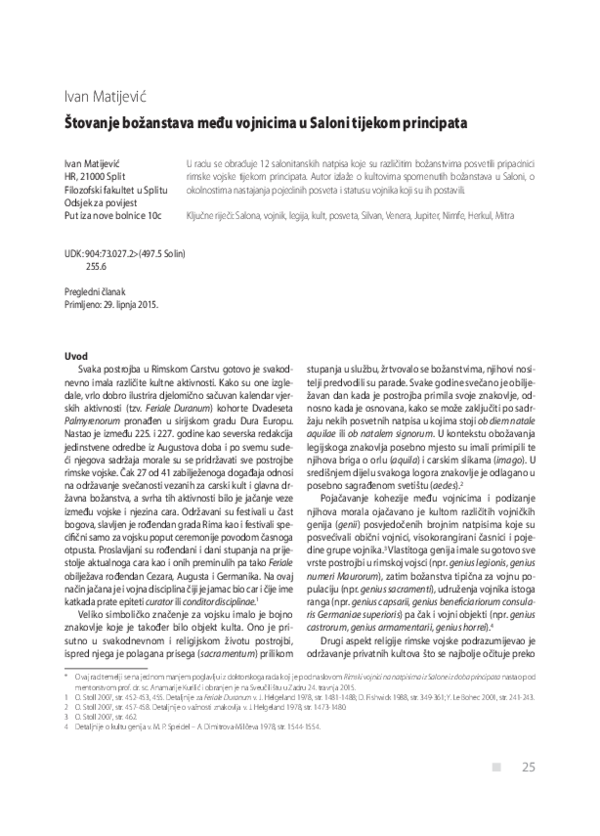 (PDF) Worshipping of Deities by Soldiers in Salona in the Principate Period