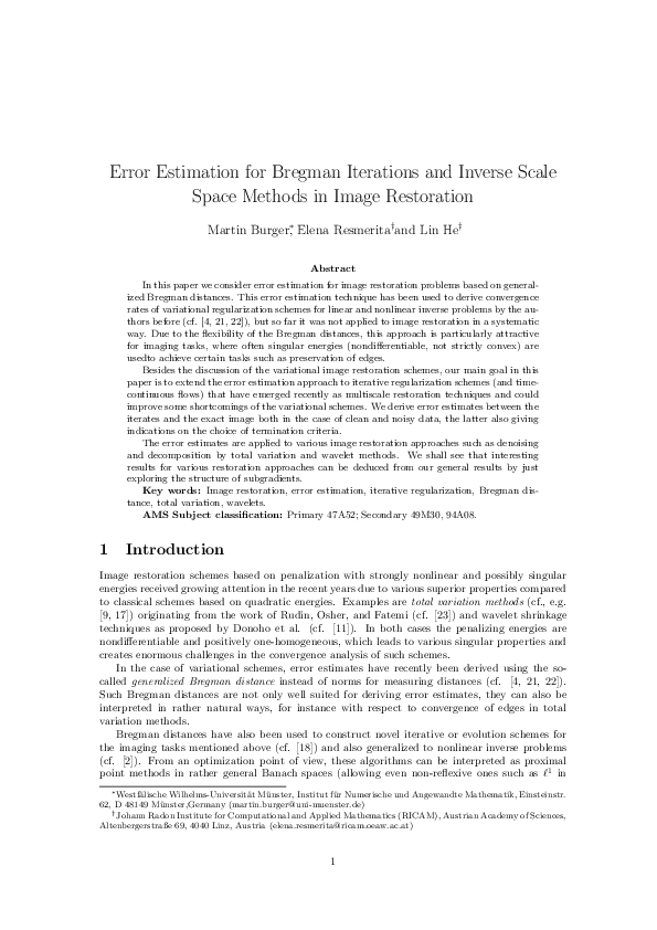 Pdf Error Estimation For Bregman Iterations And Inverse Scale Space Methods In Image Restoration