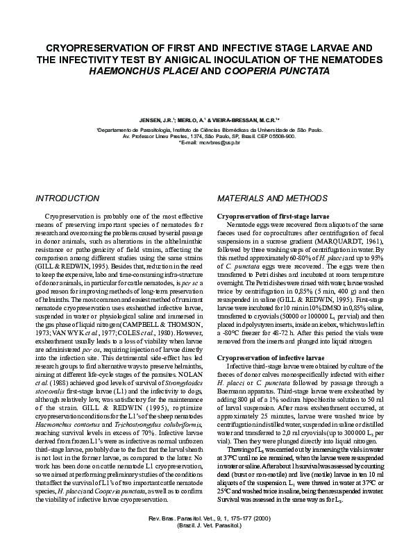 (PDF) Cryopreservation of first and infective stage larvae and the ...
