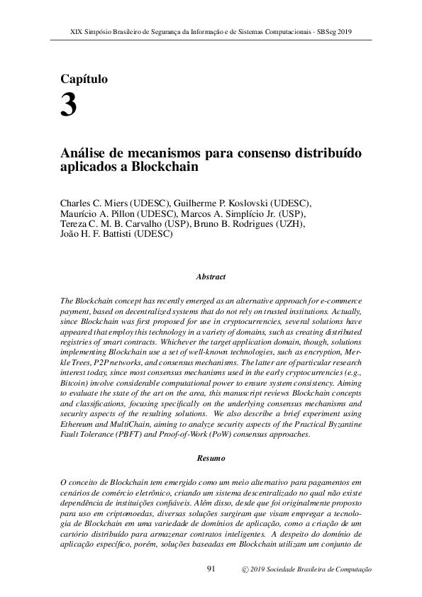 (PDF) Análise de mecanismos para consenso distribuído aplicados a Blockchain