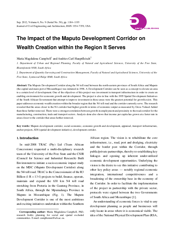 (PDF) The Impact of the Maputo Development Corridor on Wealth Creation ...