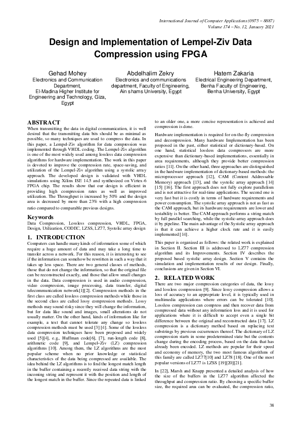 (PDF) Design and Implementation of Lempel-Ziv Data Compression using FPGA (PDF) Design and Implementation of Lempel-Ziv Data Compression using FPGA