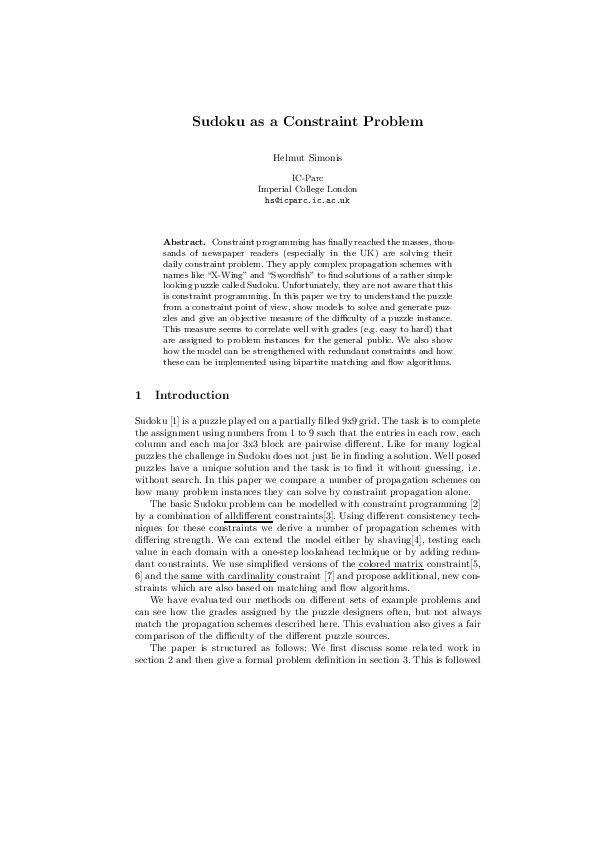 (PDF) Sudoku as a Constraint Problem