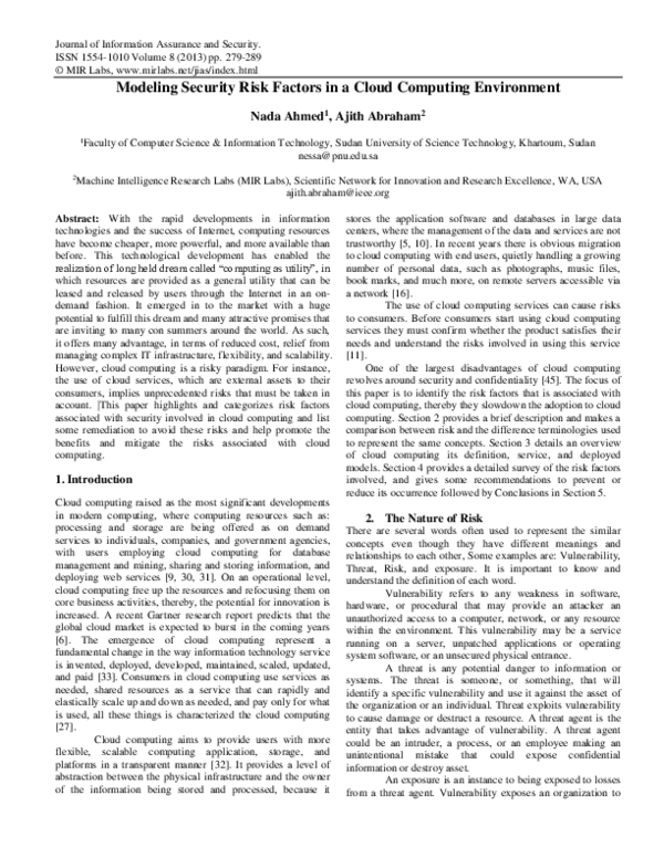 (PDF) Modeling Security Risk Factors in a Cloud Computing Environment