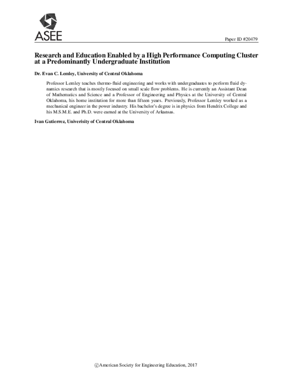 (PDF) Board # 169 : Research and Education Enabled by a High Performance Computing Cluster at a ...