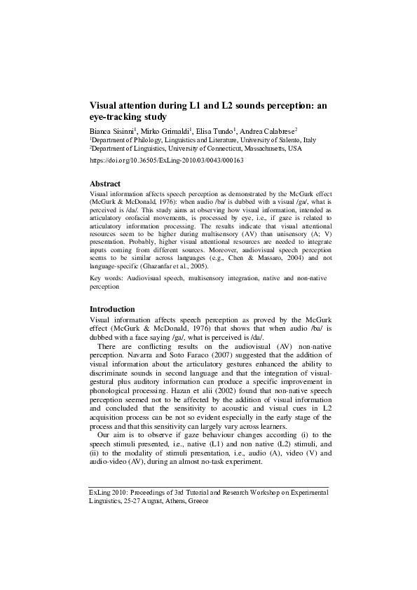 (PDF) Visual attention during L1 and L2 sounds perception: an eye-tracking study | Andrea ...