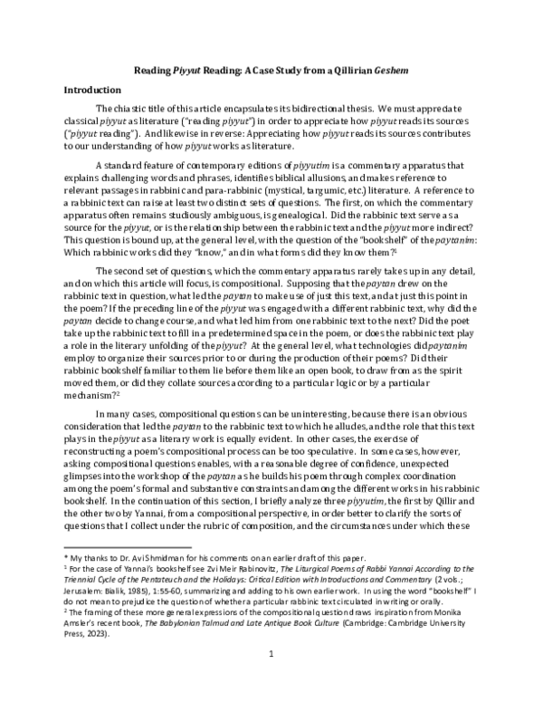 (PDF) Reading Piyyut Reading: A Case Study from a Qillirian Geshem