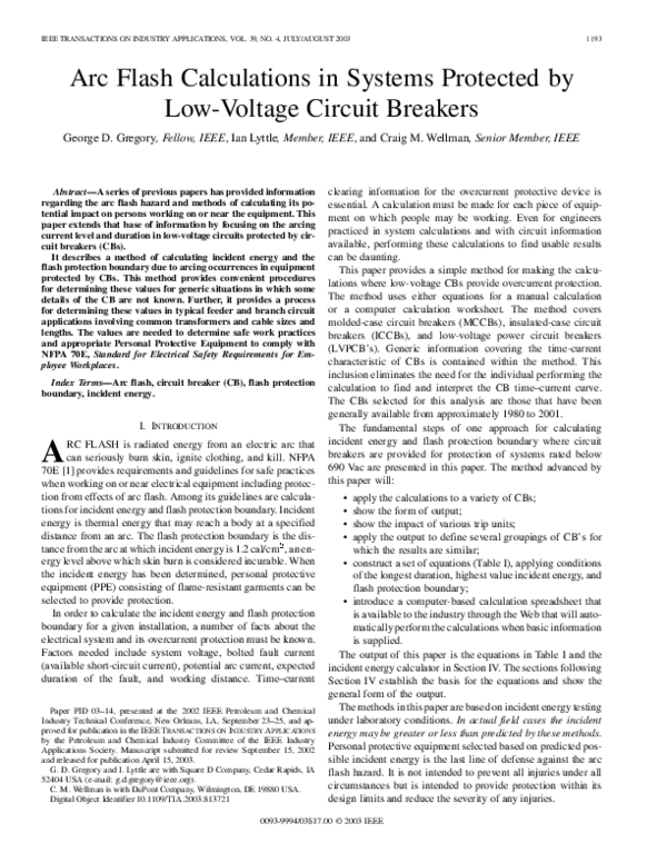(PDF) Arc flash calculations in systems protected by low-voltage ...