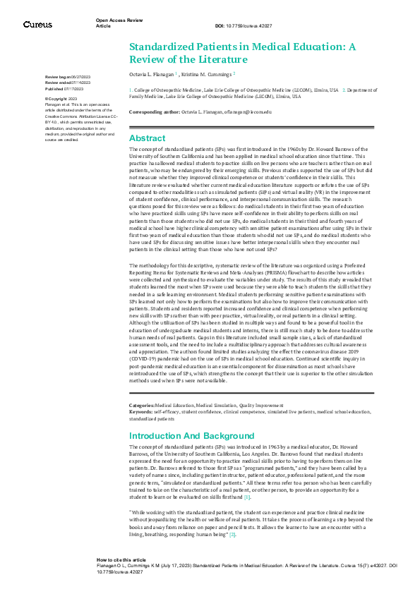 (PDF) Standardized Patients in Medical Education: A Review of the ...
