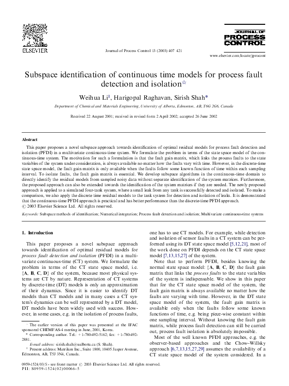 (PDF) Subspace identification of continuous time models for process fault detection and isolation