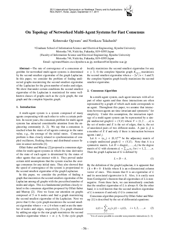 (PDF) On Topology of Networked Multi-Agent Systems for Fast Consensus