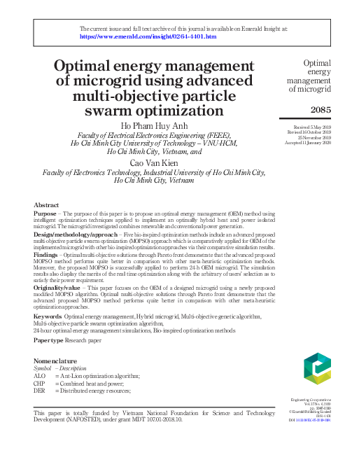 Pdf Optimal Energy Management Of Microgrid Using Advanced Multi Objective Particle Swarm