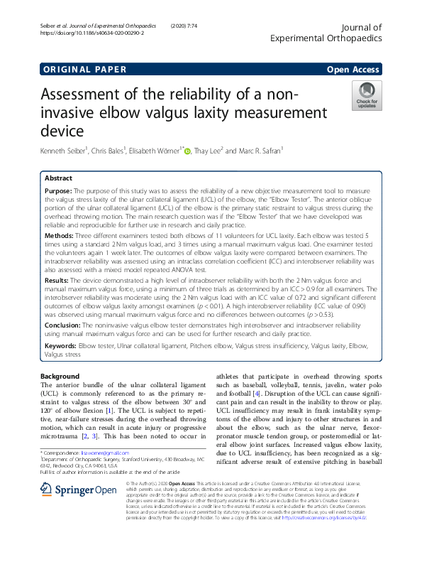 (PDF) Assessment of the reliability of a non-invasive elbow valgus ...