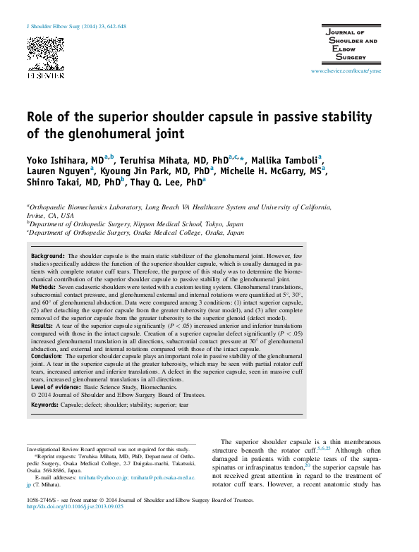 (PDF) Role of the superior shoulder capsule in passive stability of the ...