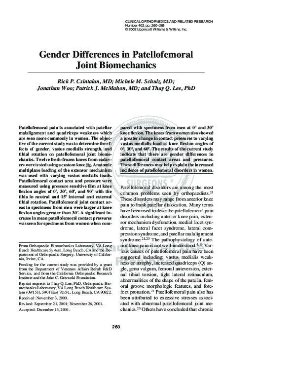 (PDF) Gender Differences in Patellofemoral Joint Biomechanics