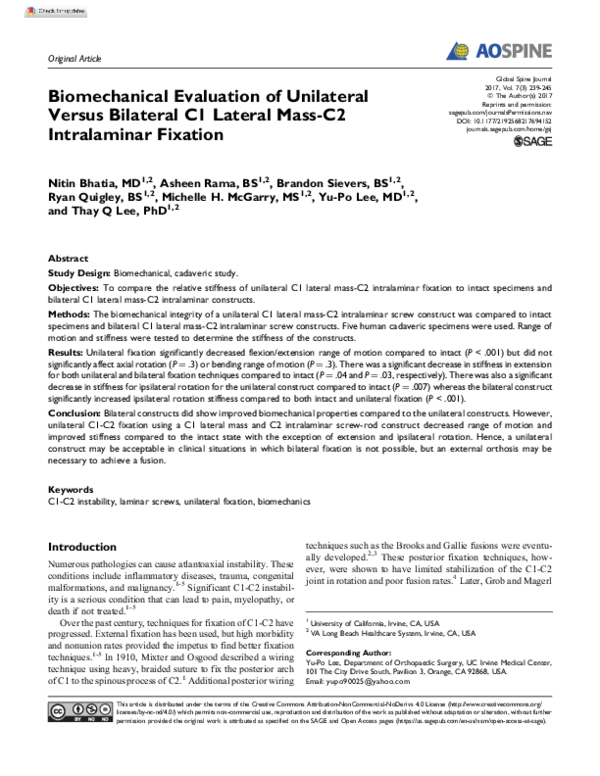 (PDF) Biomechanical Evaluation of Unilateral Versus Bilateral C1 ...