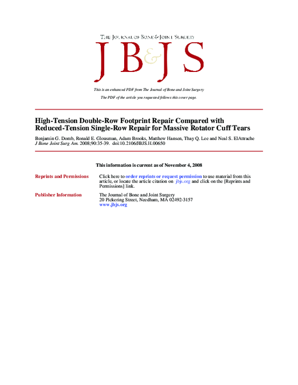(PDF) Reduced-Tension Single-Row Repair for Massive Rotator Cuff Tears ...