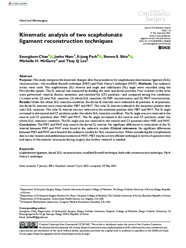 (PDF) Kinematic analysis of two scapholunate ligament reconstruction techniques