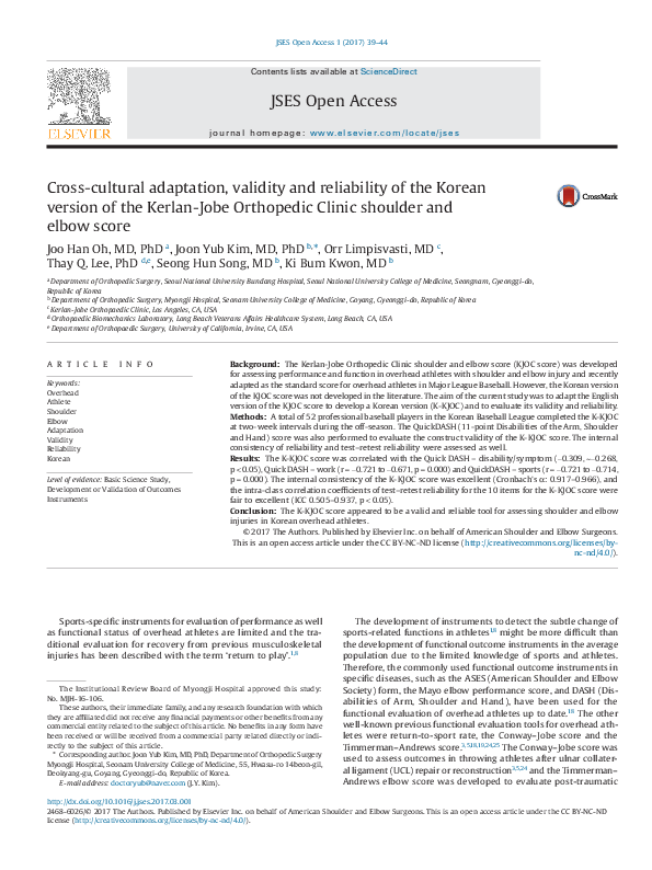 (PDF) Cross-cultural adaptation, validity and reliability of the Korean ...