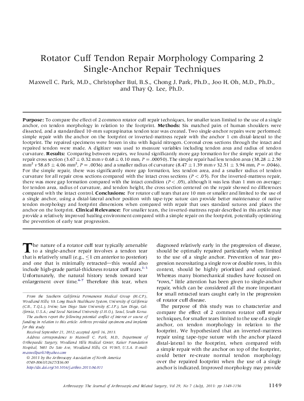 (PDF) Rotator Cuff Tendon Repair Morphology Comparing 2 Single-Anchor ...
