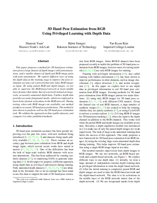 (PDF) 3D Hand Pose Estimation from RGB Using Privileged Learning with Depth Data