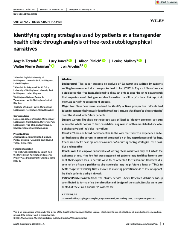 (PDF) Identifying coping strategies used by patients at a transgender health clinic through ...