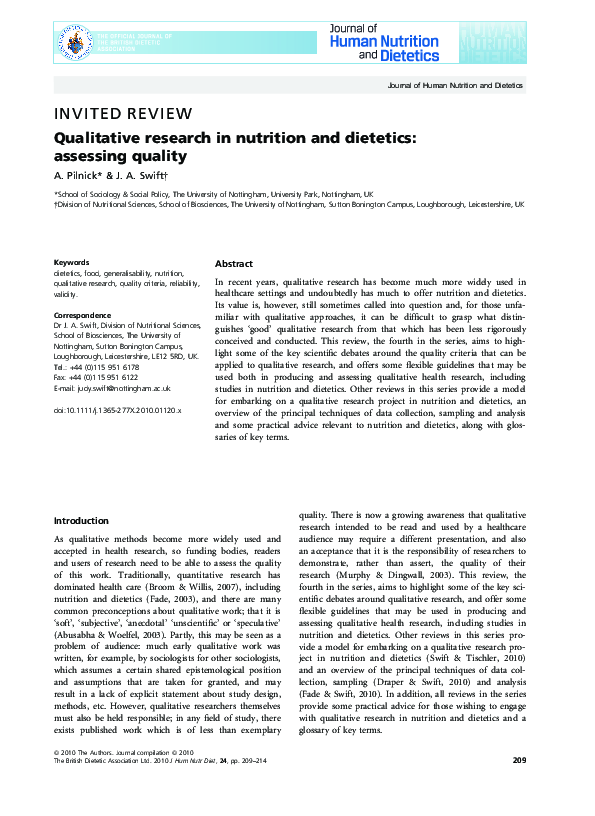(PDF) Qualitative research in nutrition and dietetics: assessing quality