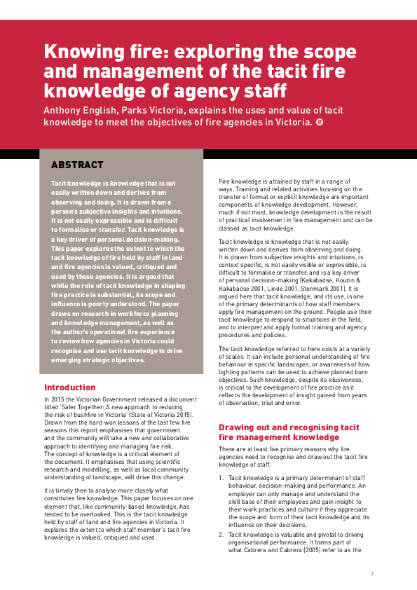 (PDF) Knowing fire: exploring the scope and management of the tacit ...